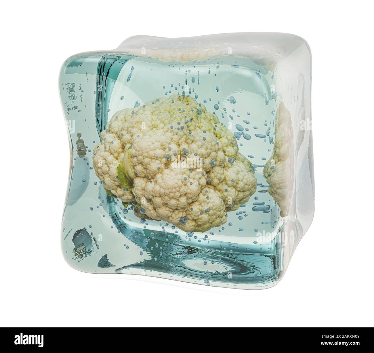 Cauliflower frozen in ice cube, 3D rendering isolated on white ...