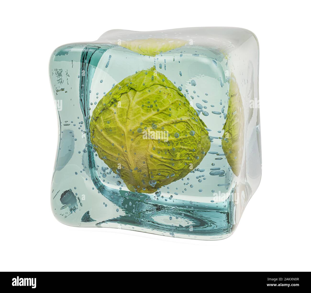 Cabbage frozen in ice cube, 3D rendering isolated on white background ...