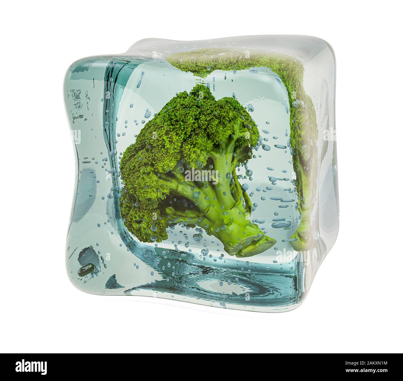 Broccoli cabbage frozen in ice cube, 3D rendering isolated on white ...