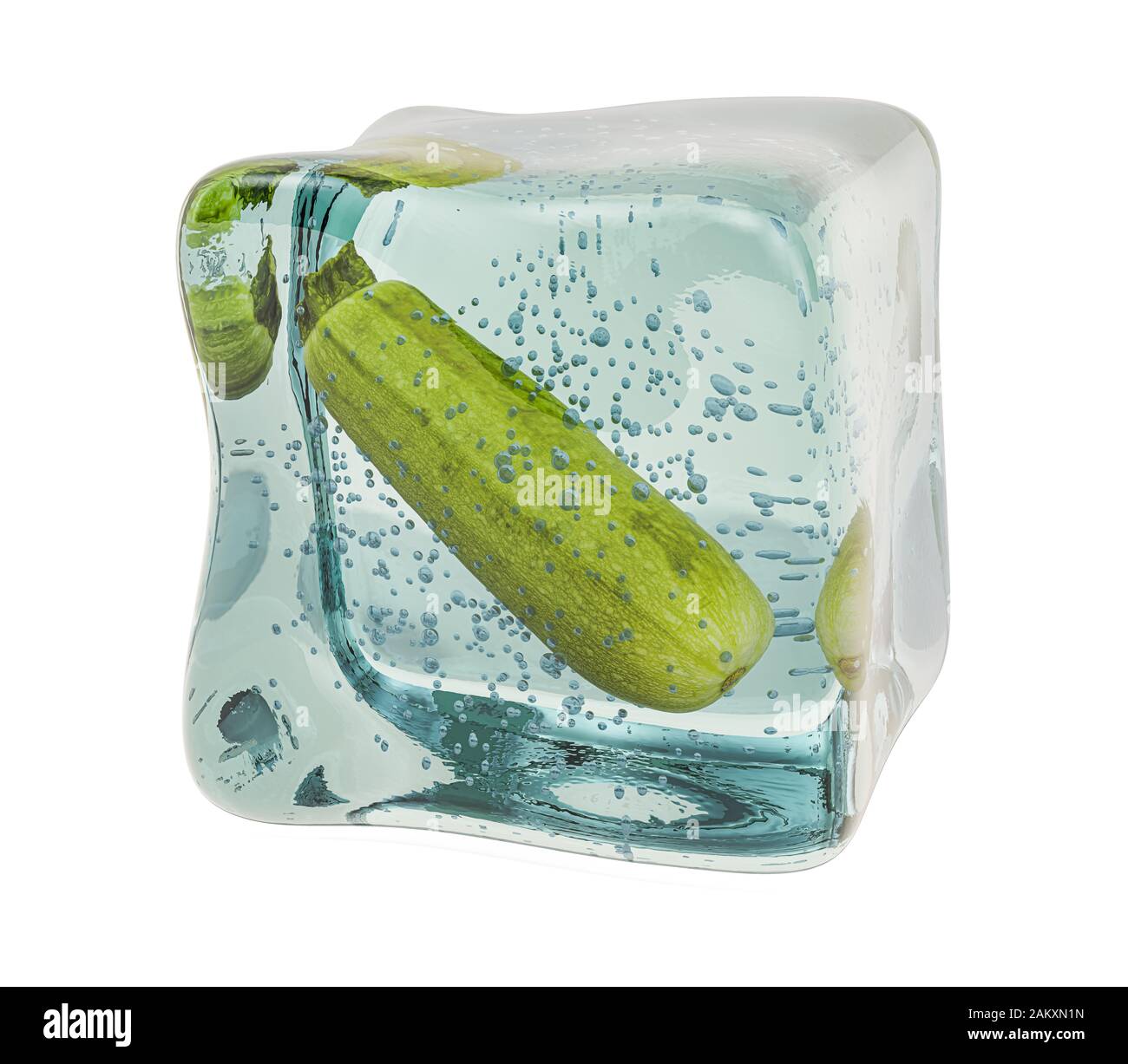 Courgette or zucchini frozen in ice cube, 3D rendering isolated on ...
