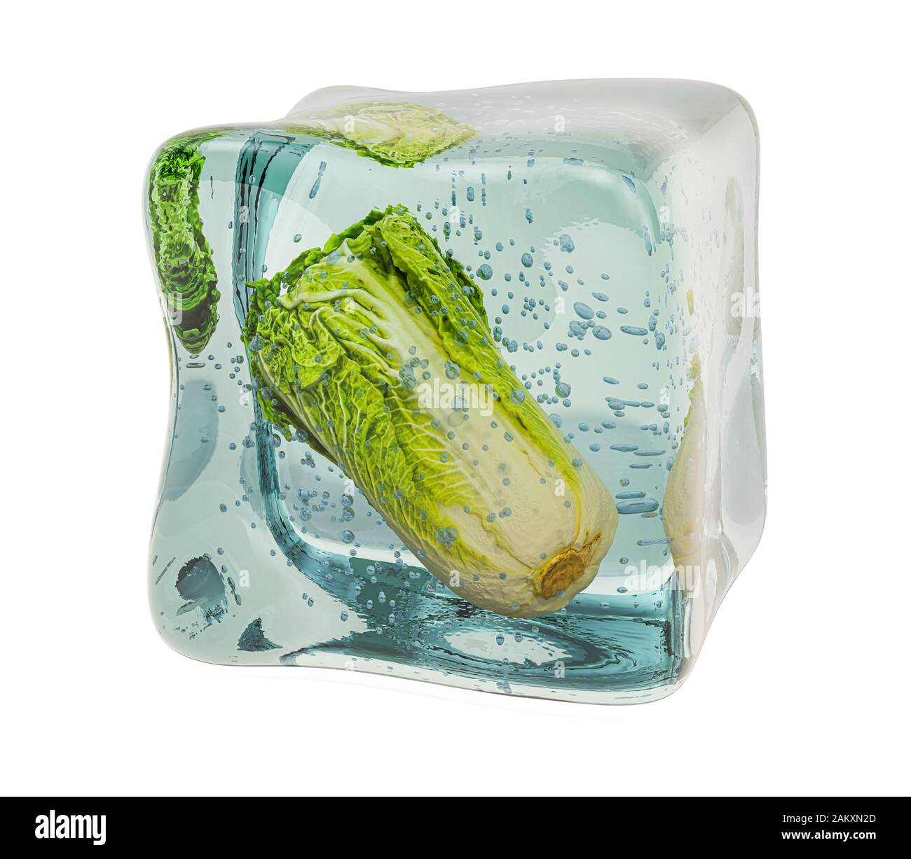 Chinese cabbage napa frozen in ice cube, 3D rendering isolated on white ...
