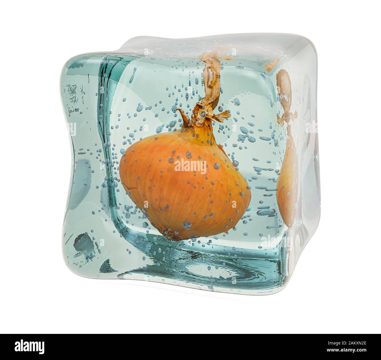 Onion frozen in ice cube, 3D rendering isolated on white background ...