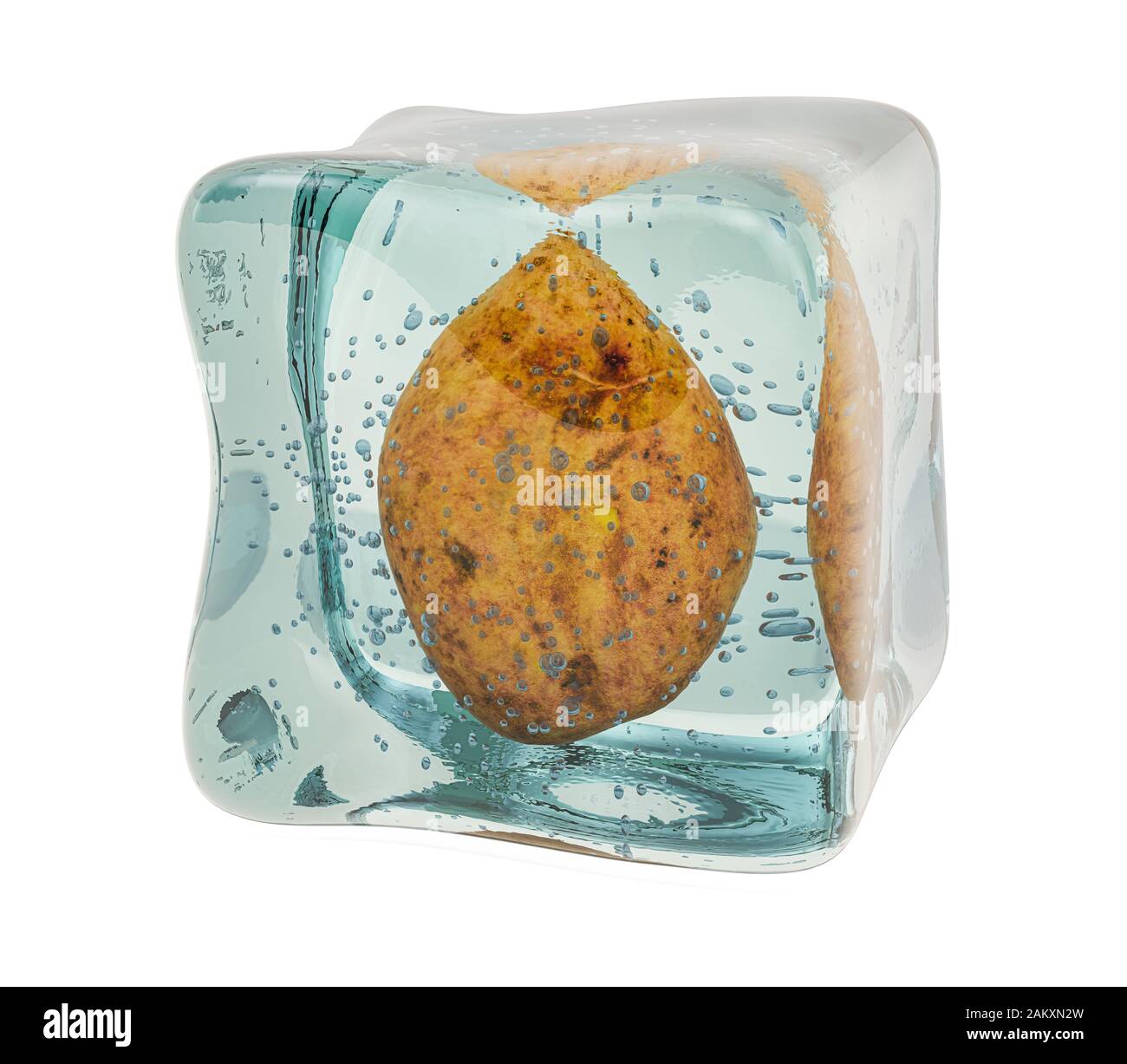 Potato frozen in ice cube, 3D rendering isolated on white background ...