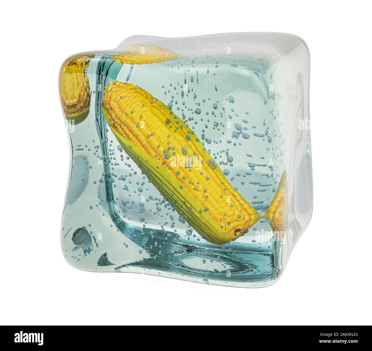 Maize, sweet corn frozen in ice cube, 3D rendering isolated on white ...