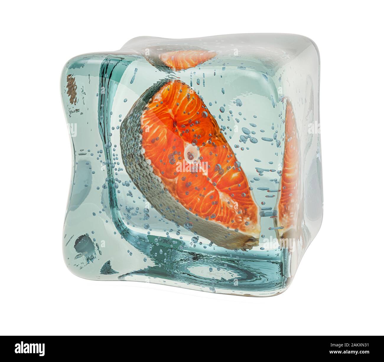 Raw red fish steak frozen in ice cube, 3D rendering isolated on white ...