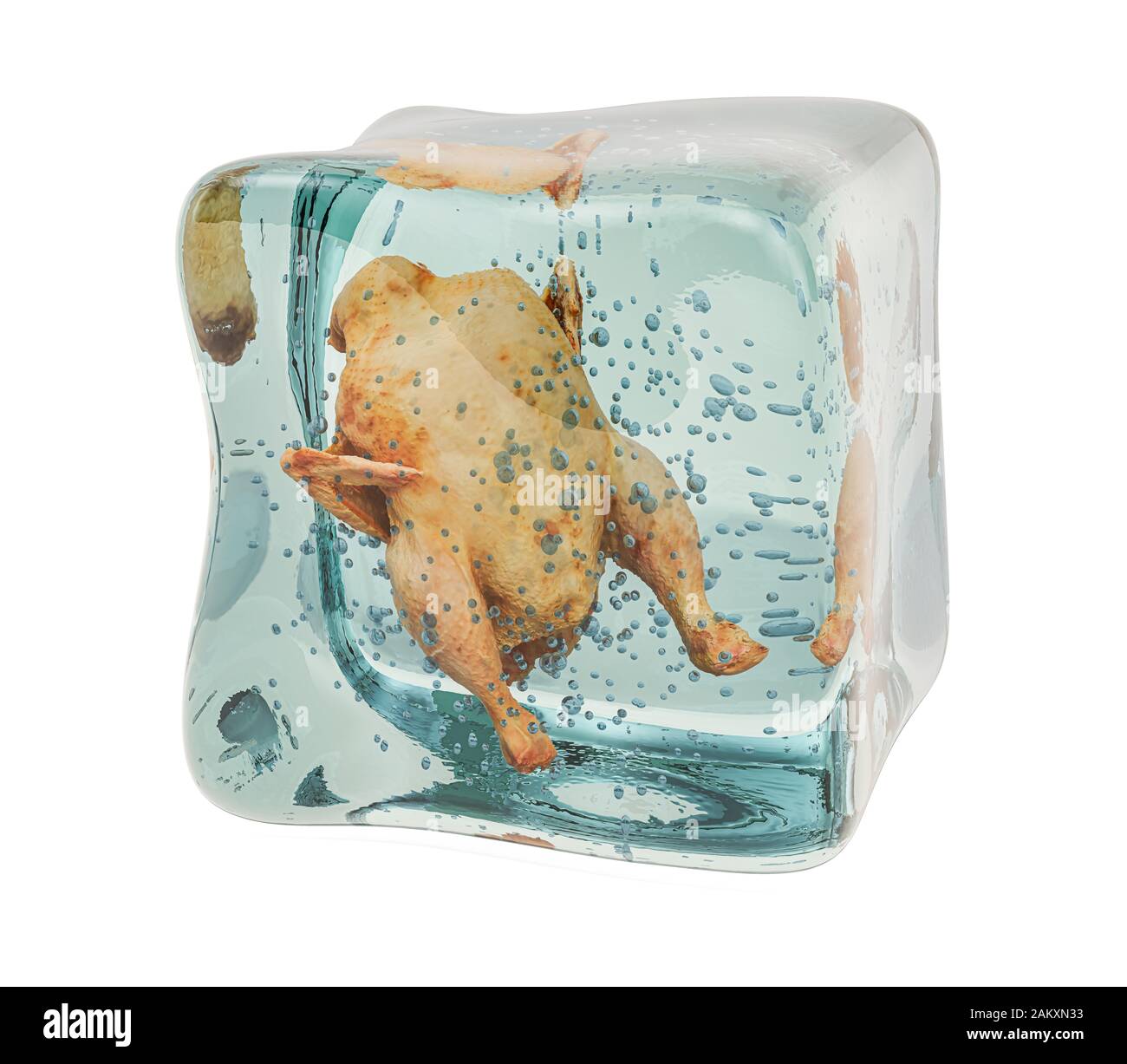 Raw chicken frozen in ice cube, 3D rendering isolated on white ...