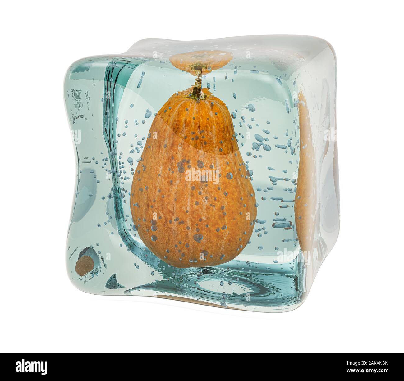 Squash frozen in ice cube, 3D rendering isolated on white background ...