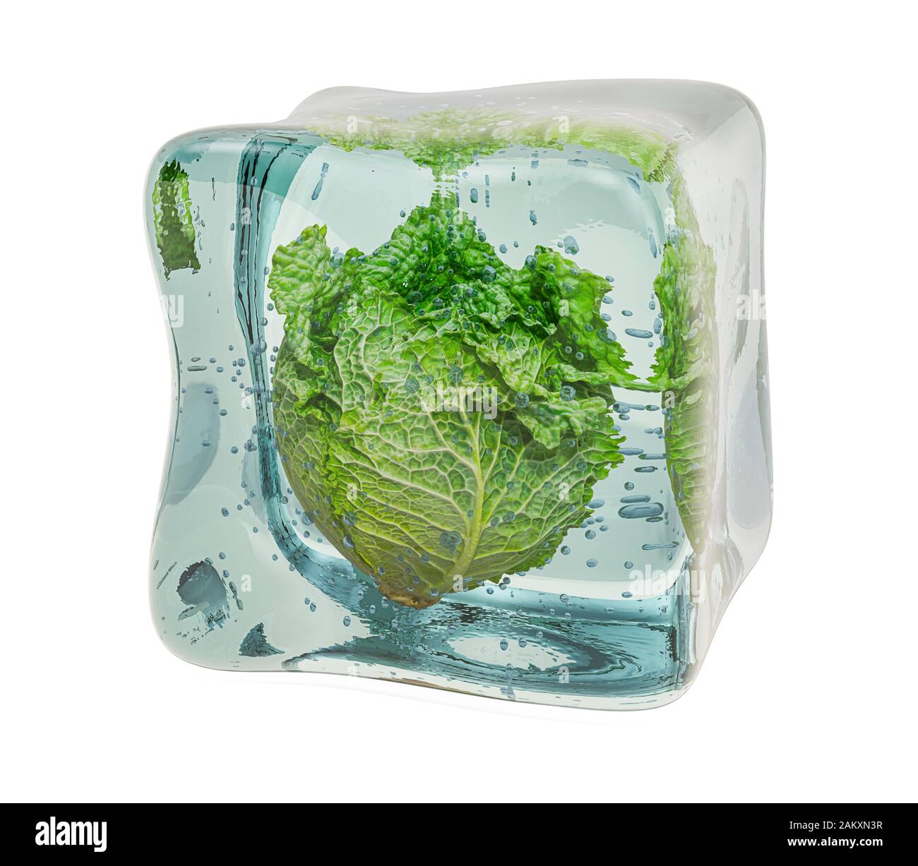 Savoy cabbage frozen in ice cube, 3D rendering isolated on white ...