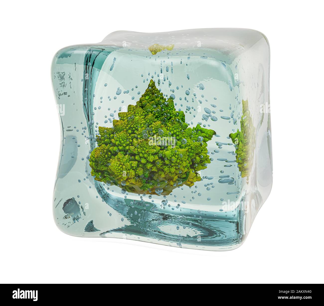 Romanesco broccoli frozen in ice cube, 3D rendering isolated on white ...
