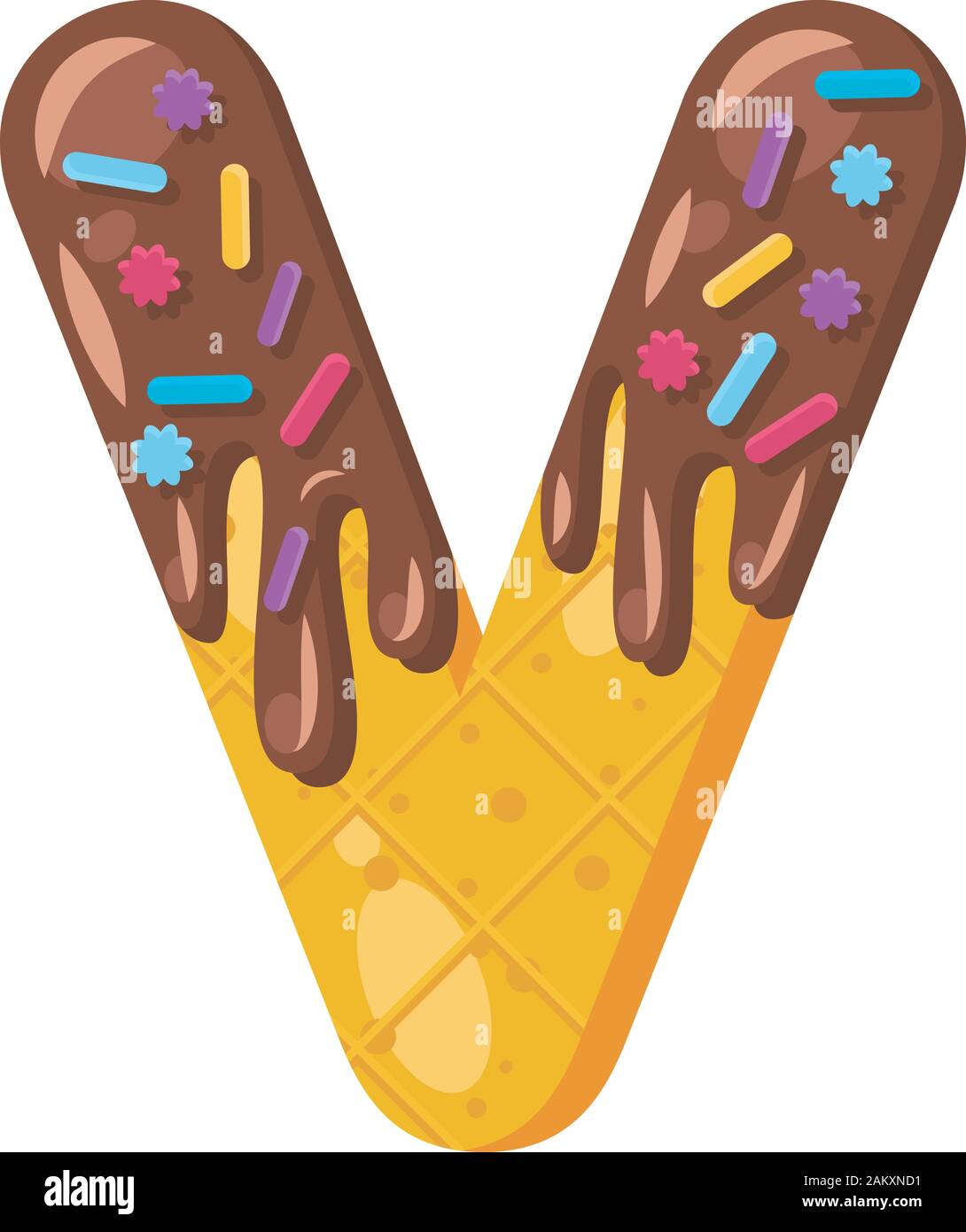 Donut cartoon V letter vector illustration. Biscuit bold font style ...