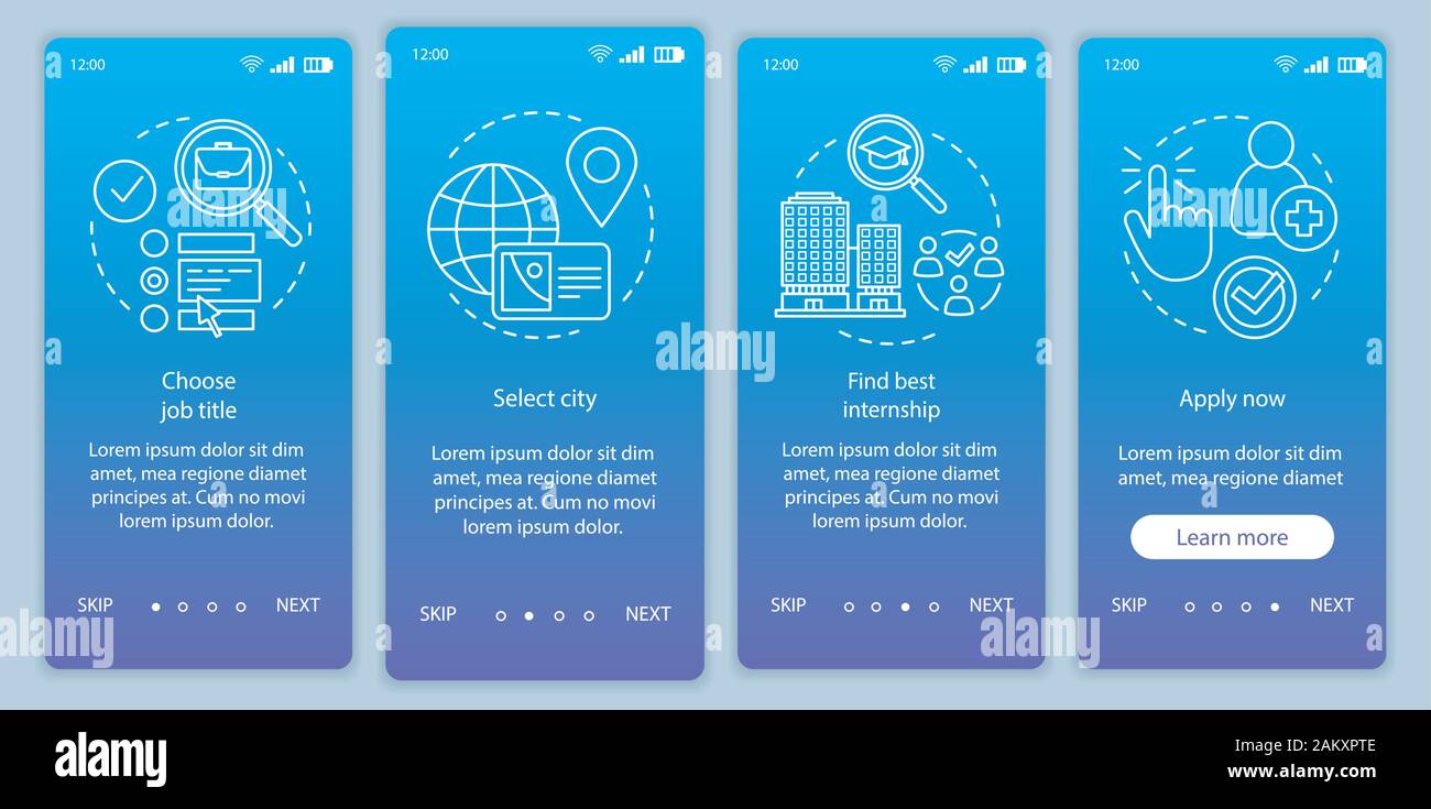 Internship program onboarding mobile app page screen vector template. Student practice. Job ...