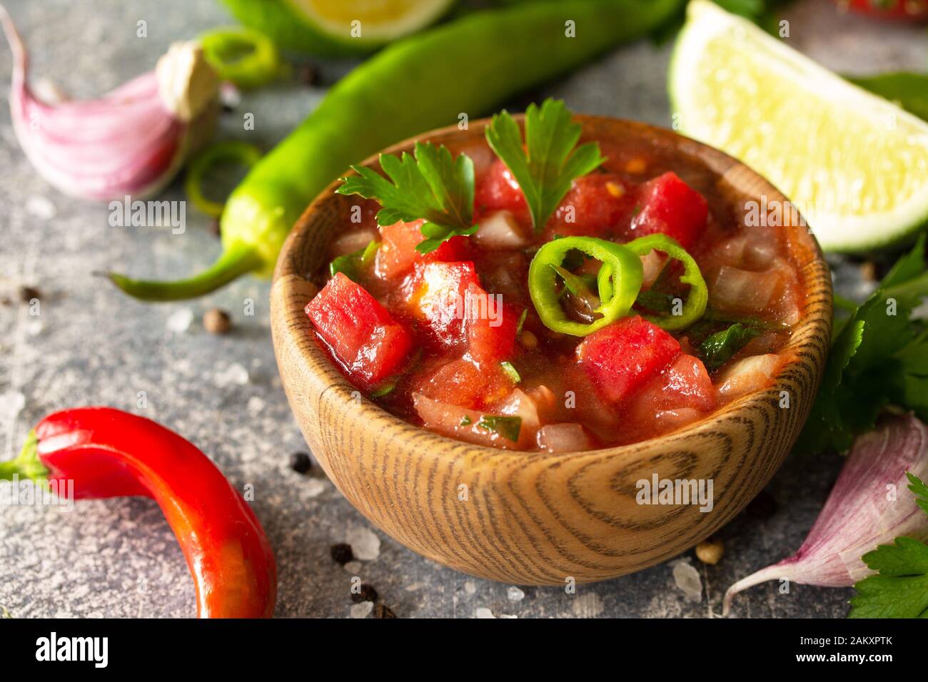 Traditional Latin American mexican salsa sauce with ingredients on a ...