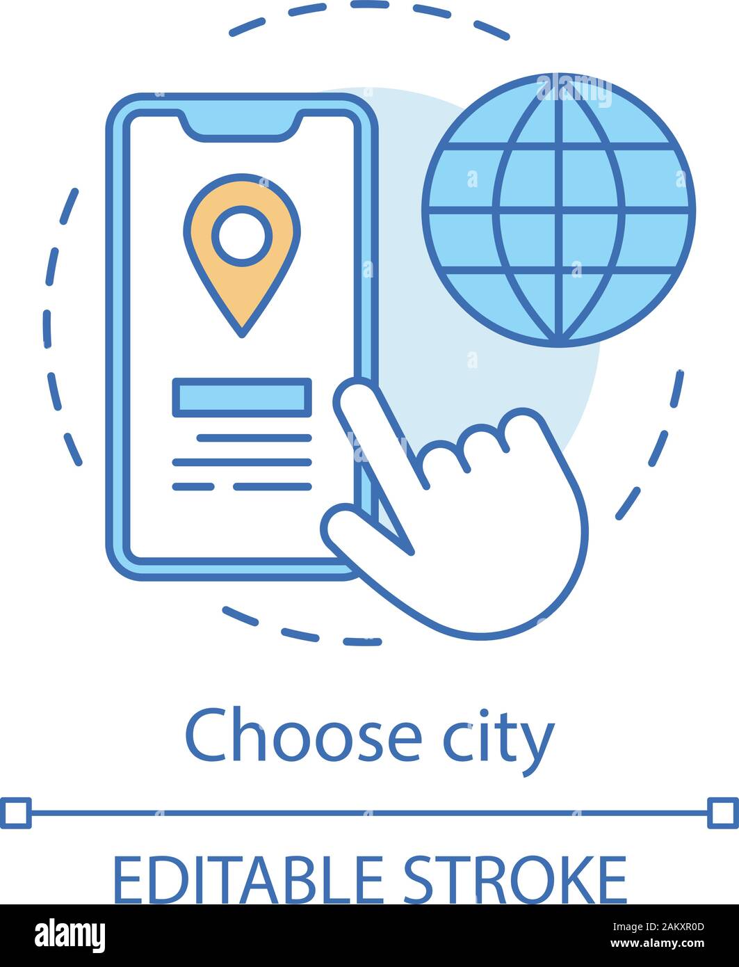 Choose city concept icon. Select travel destination. Globe, hand ...