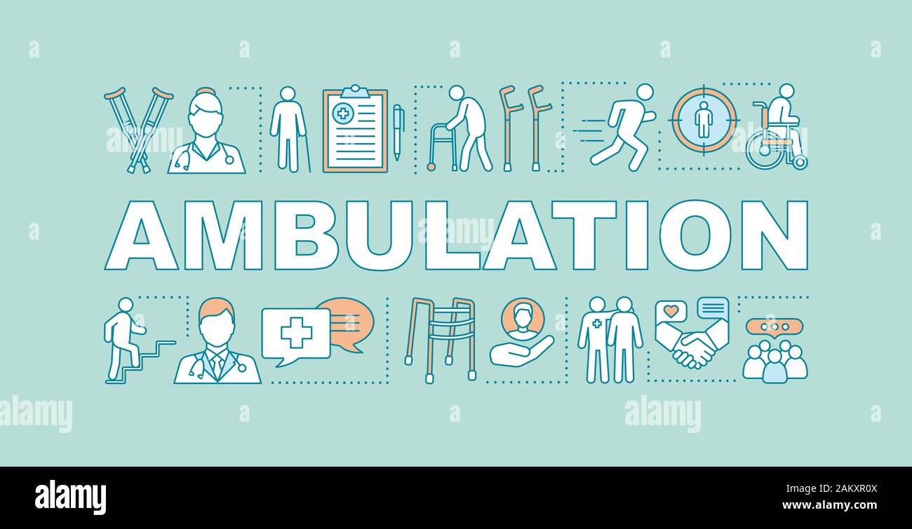 Ambulation word concepts banner. Healthcare. Walkers, canes ...