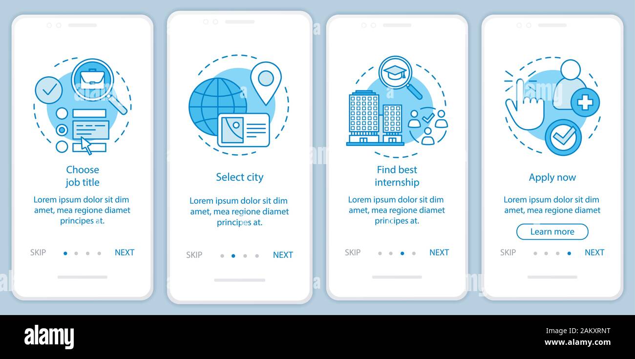 Internship program onboarding mobile app page screen vector template. Student practice. Work ...
