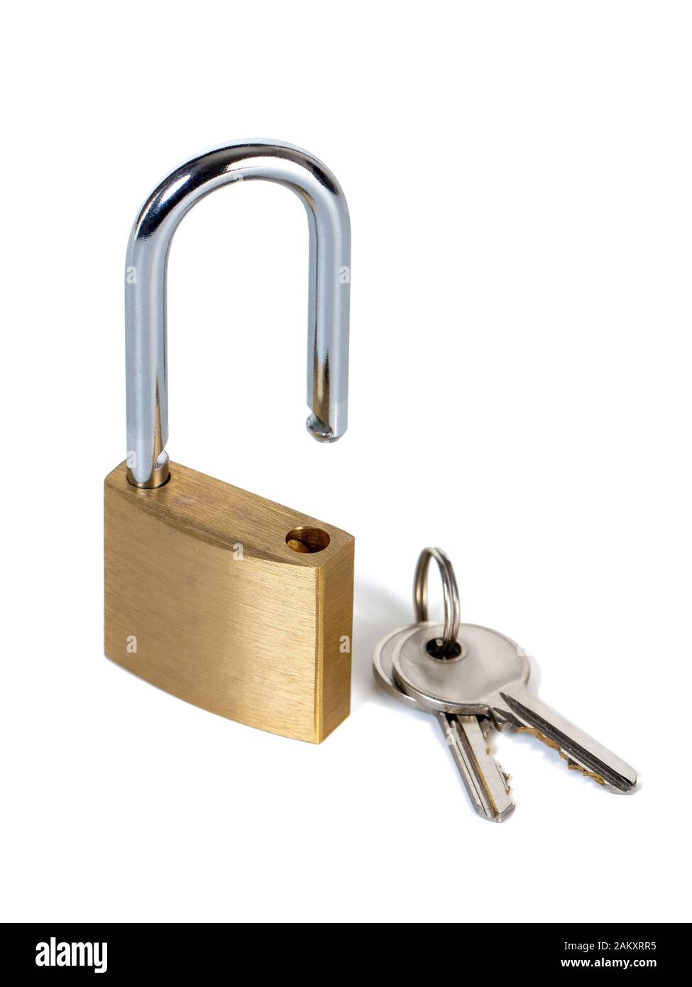 Metal padlock with keys on a ring isolated on white background Stock ...