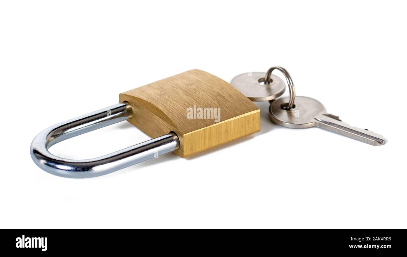 Metal padlock with keys on a ring isolated on white background Stock ...