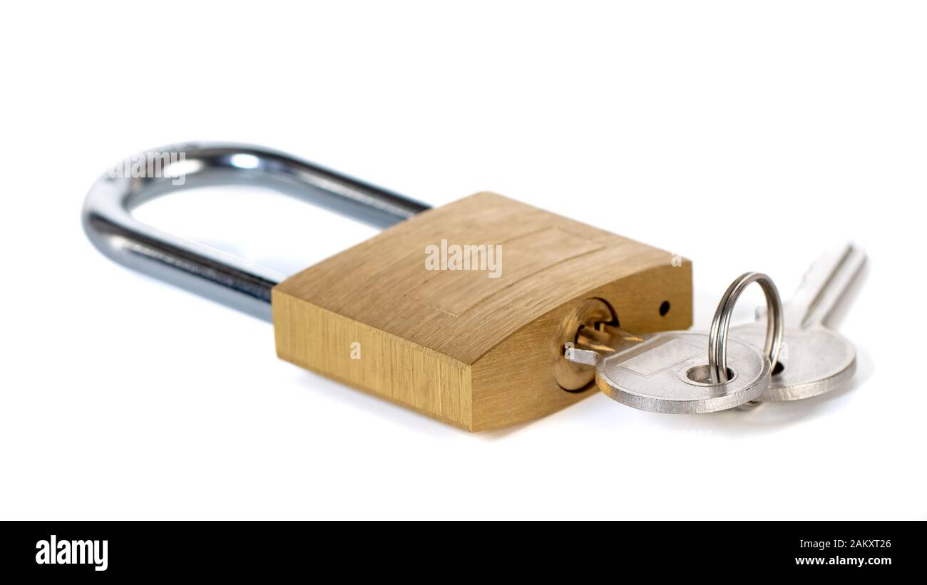 Metal padlock with keys on a ring isolated on white background Stock ...