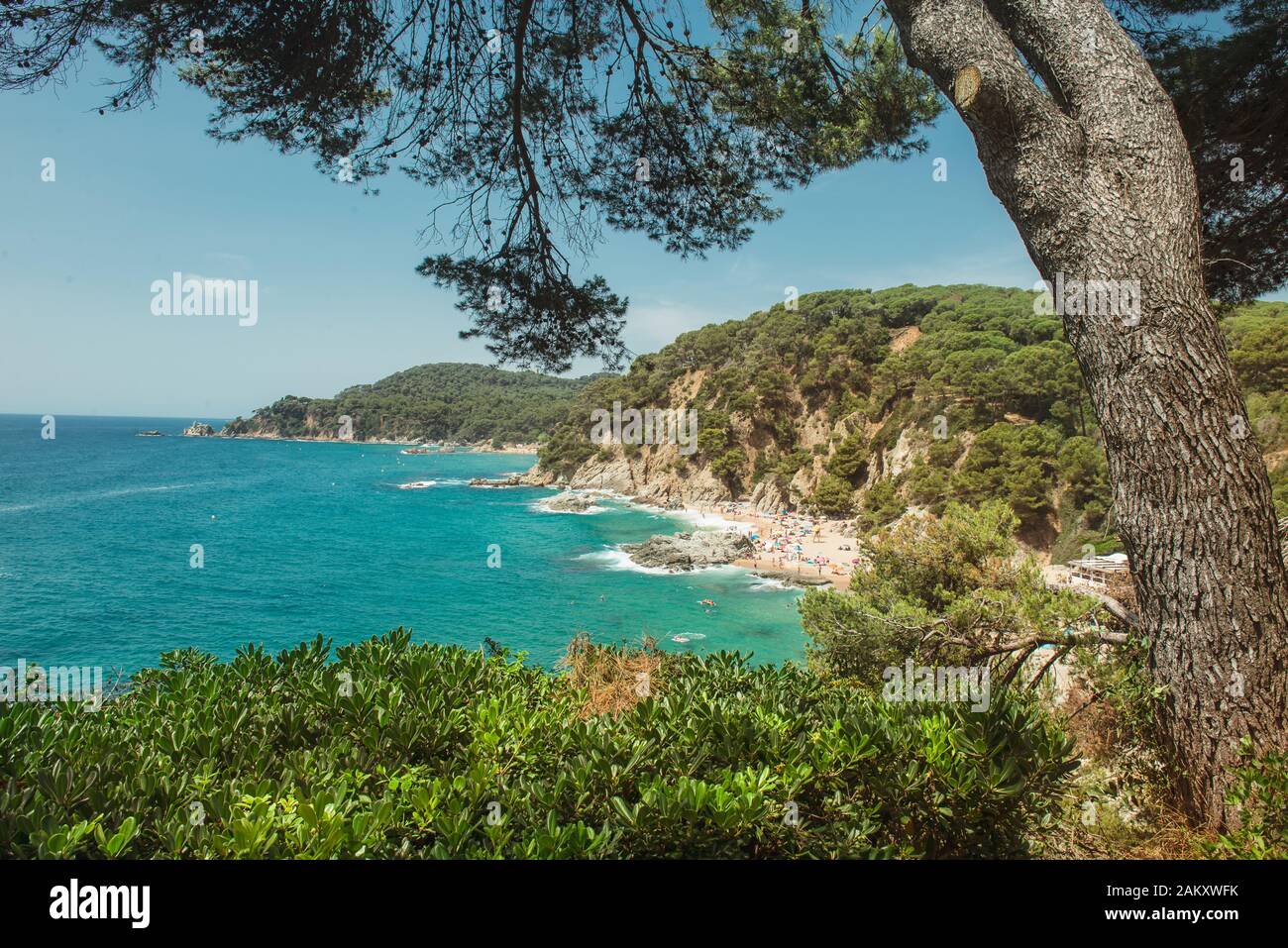 Landscape side view of the turquoise sea with a beach surrounded by ...