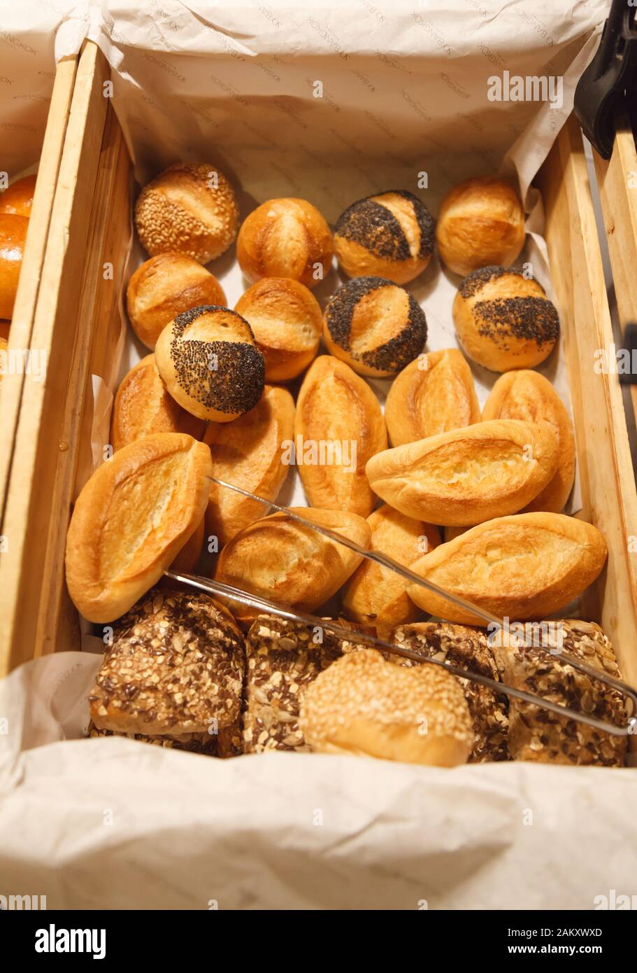 Bakery Assortment in wooden crate background. Farmhouse Freshly Baked ...