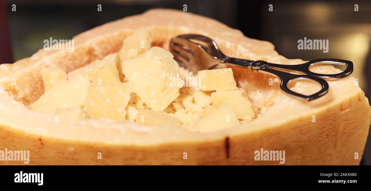 Strong aroma, Parmesan Italian hard cheese, made from unpasteurized cow ...