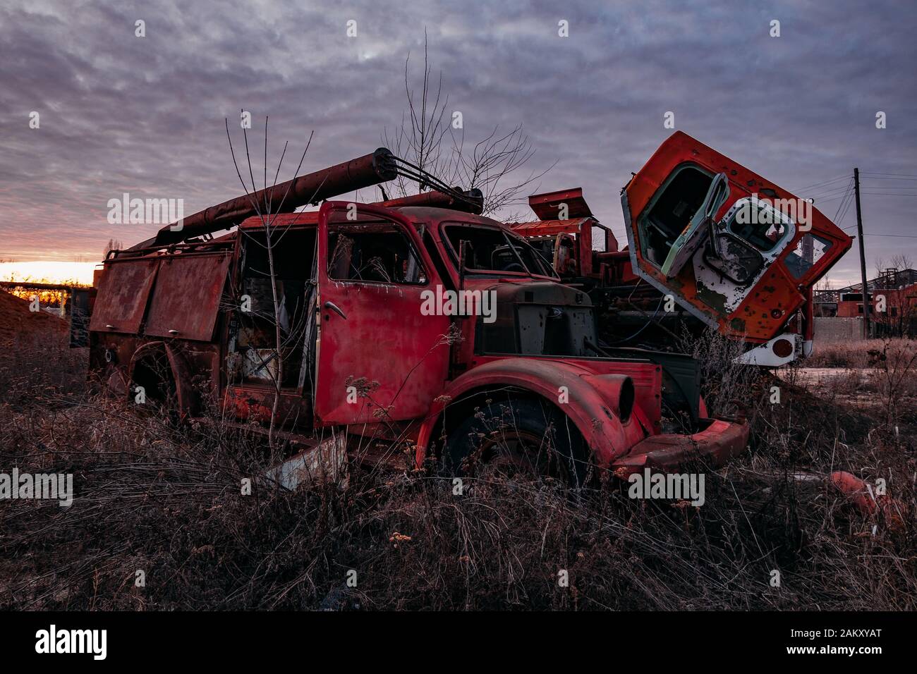 Old rusty broken abandoned Soviet fire truck on evening sunset Stock ...