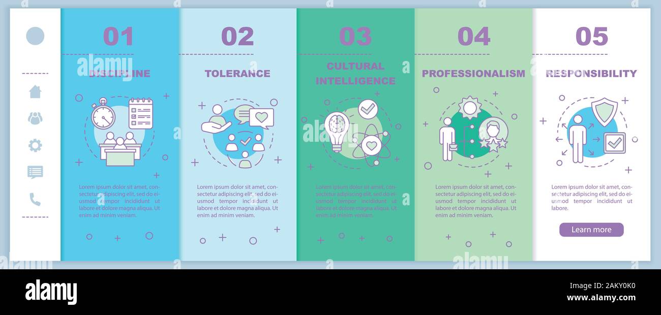 Employee soft skills onboarding mobile web pages vector template. Responsibility, discipline ...