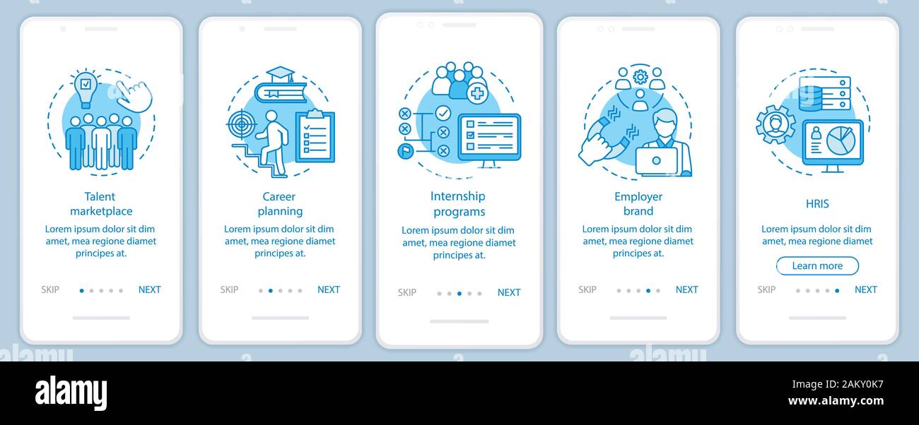 Talent management onboarding mobile app page screen vector template. Marketplace. Internship ...