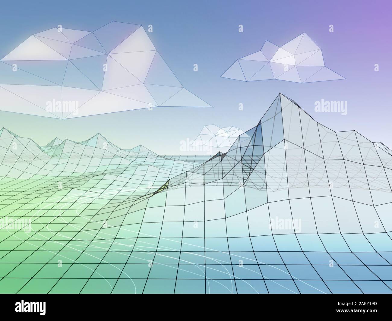 Minimalist wireframe landscape with pastel colors. 3D illustration ...