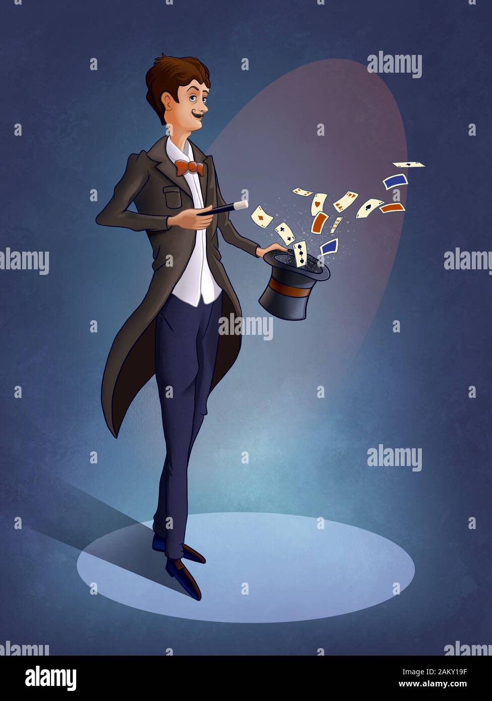 Cartoon illusionist performing a card trick on stage. Digital ...