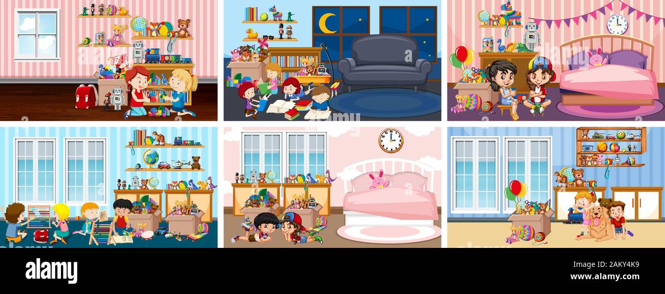 Six scenes with children doing activities in different rooms ...