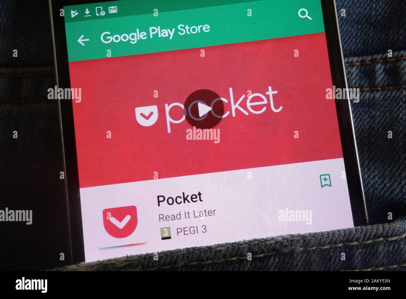 Pocket app on Google Play Store website displayed on smartphone hidden ...