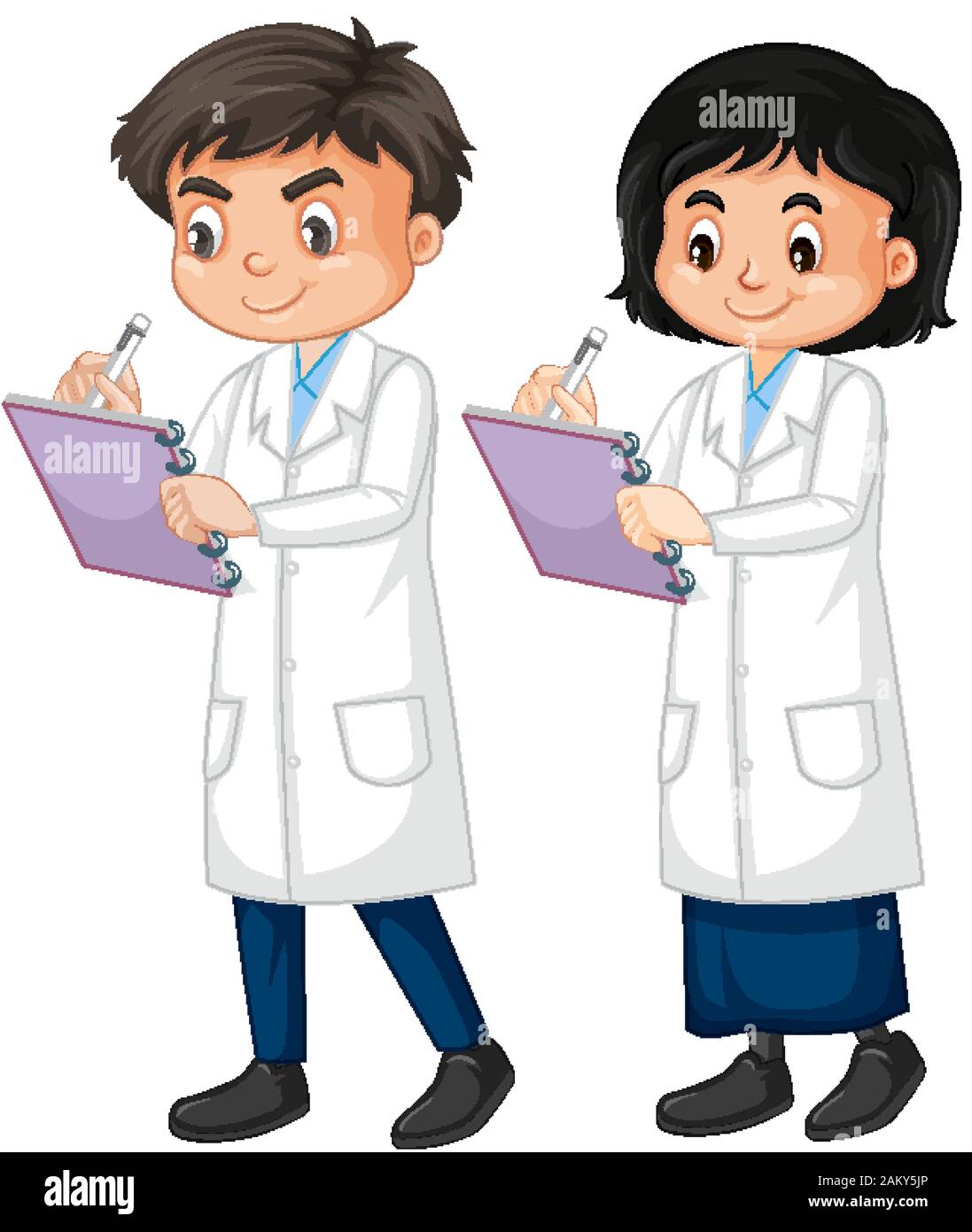 Boy and girl in lab gown writing note on white background illustration ...