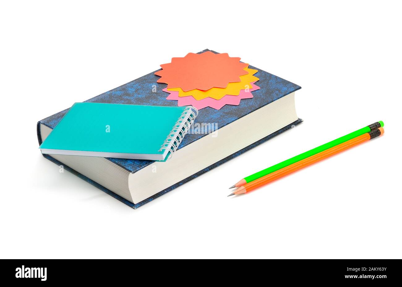 Book , colored pencils and stickers isolated on white background Stock ...