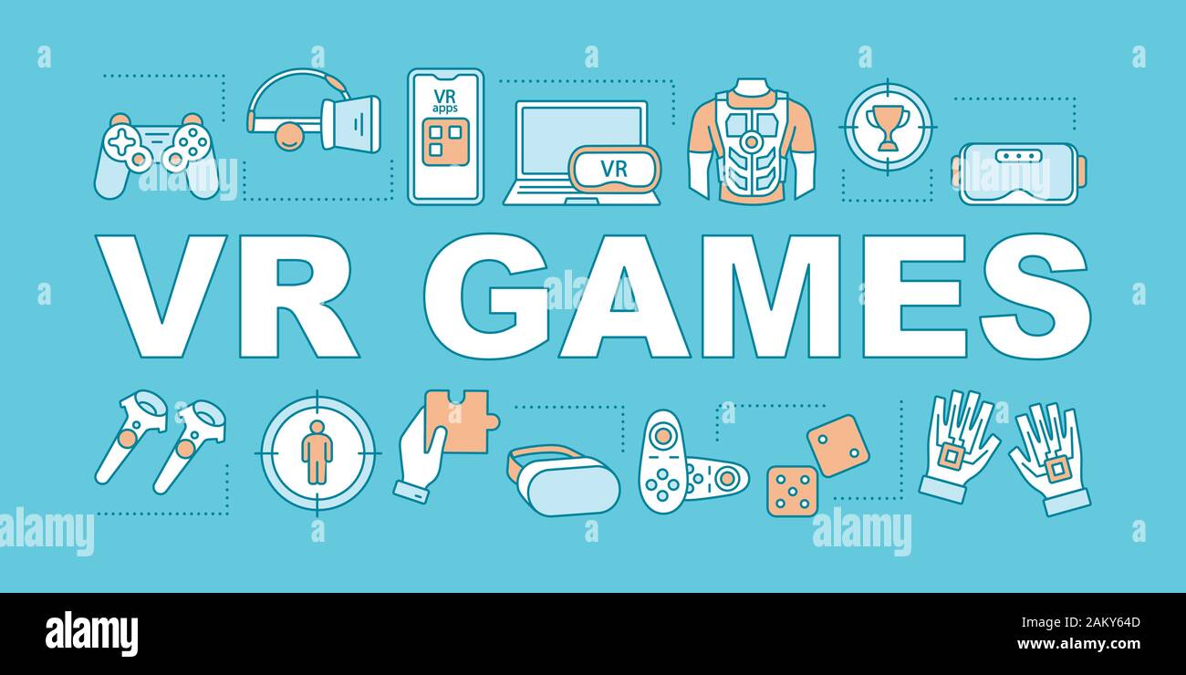 VR games word concepts banner. Headset, haptic gloves, suit, joystick ...