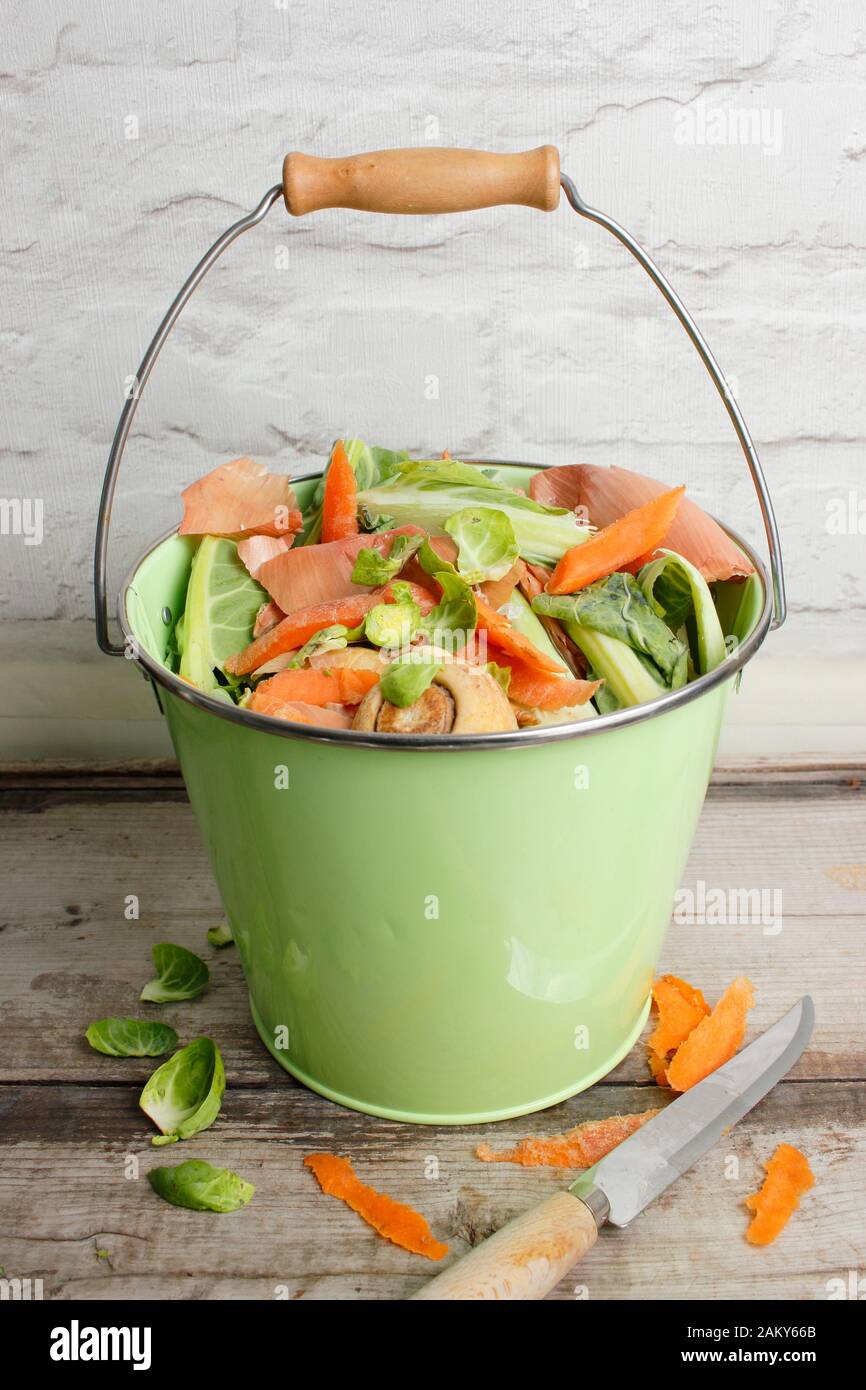 Vegetable and fruit waste collected into a bucket for home composting ...