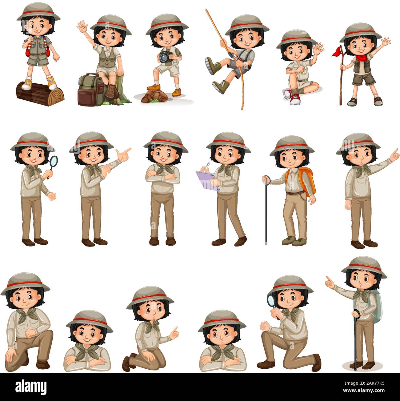 Girl in scout uniform doing different activities illustration Stock ...