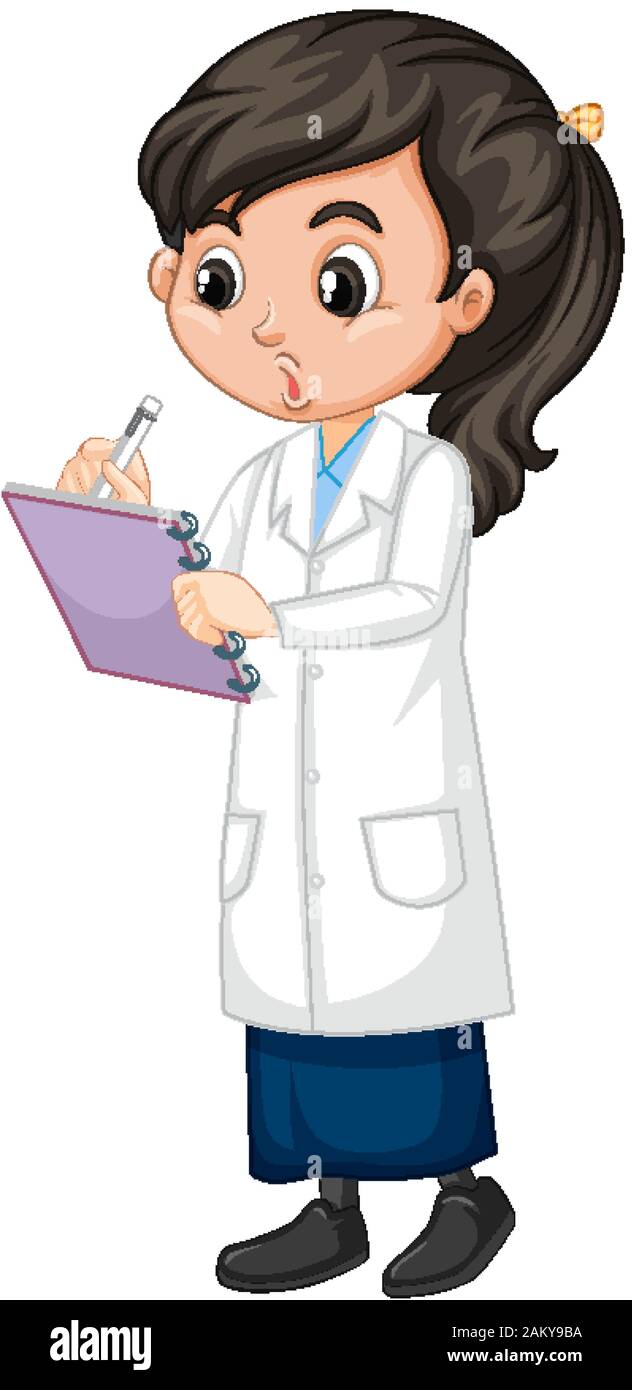 Girl in science gown writing on white background illustration Stock ...