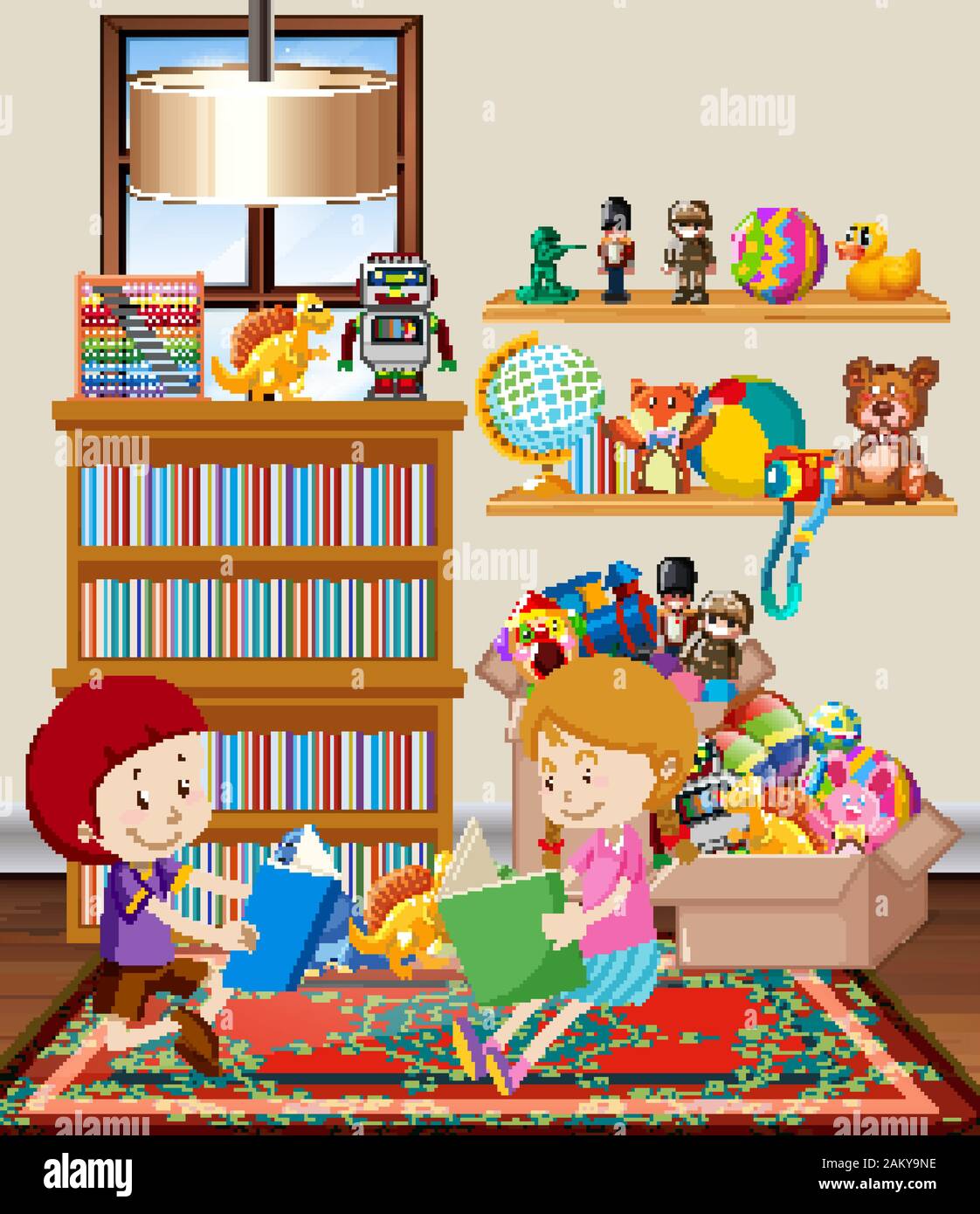 Scene with two kids reding book in the room illustration Stock Vector ...