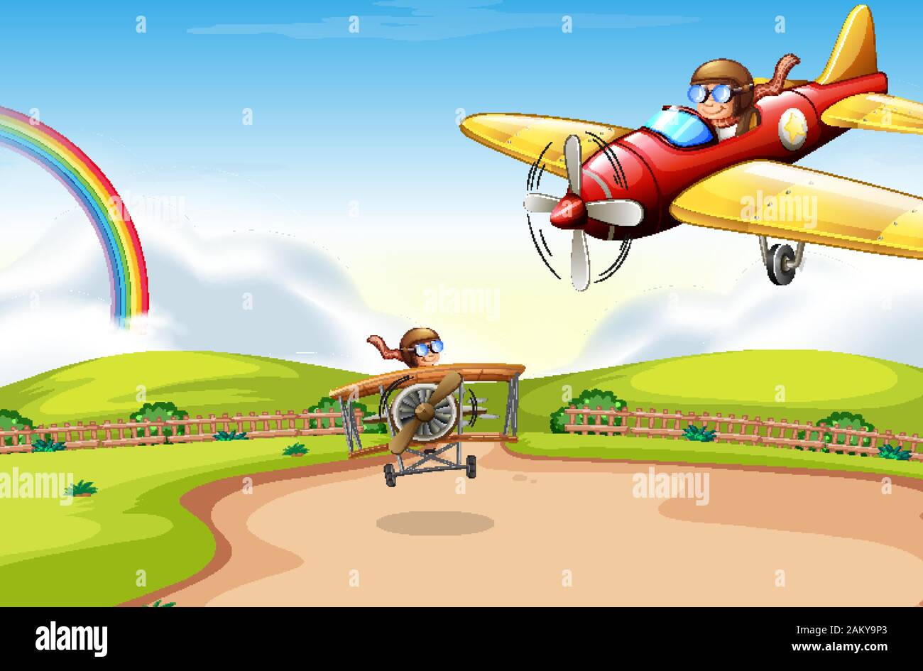Scene with two pilots flying planes in the sky illustration Stock ...