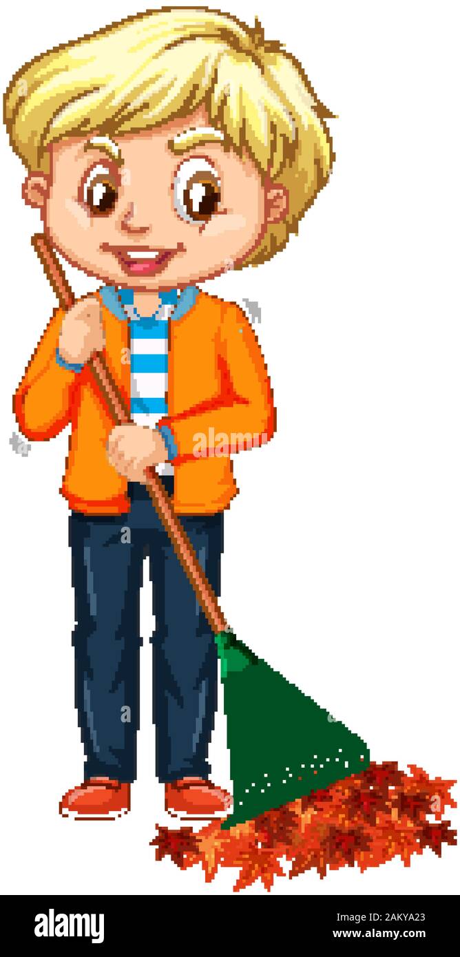 Happy boy raking leaves on white background illustration Stock Vector ...