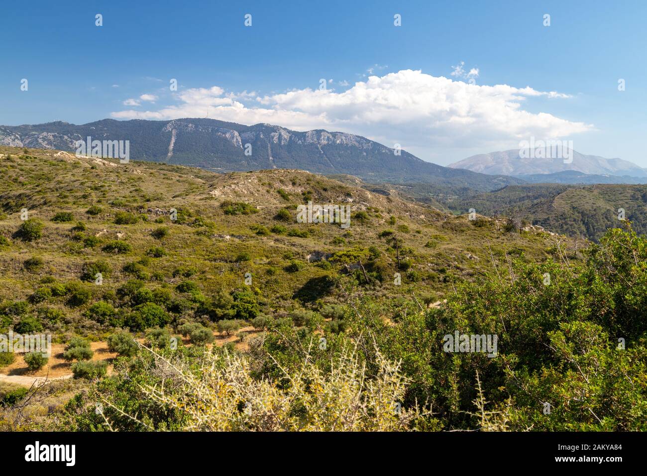 Scenic view at landscape on the westside of Greek island Rhodes with ...