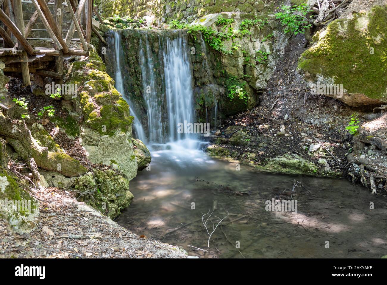 Waterfall in the valley of butterflies (Petaloudes) on Greek island ...
