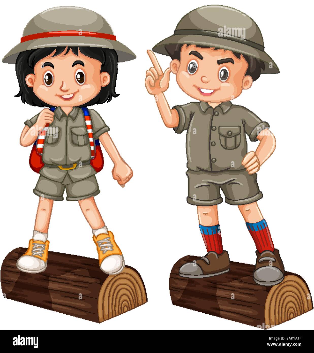 Boy and girl in safari outfit on white background illustration Stock ...