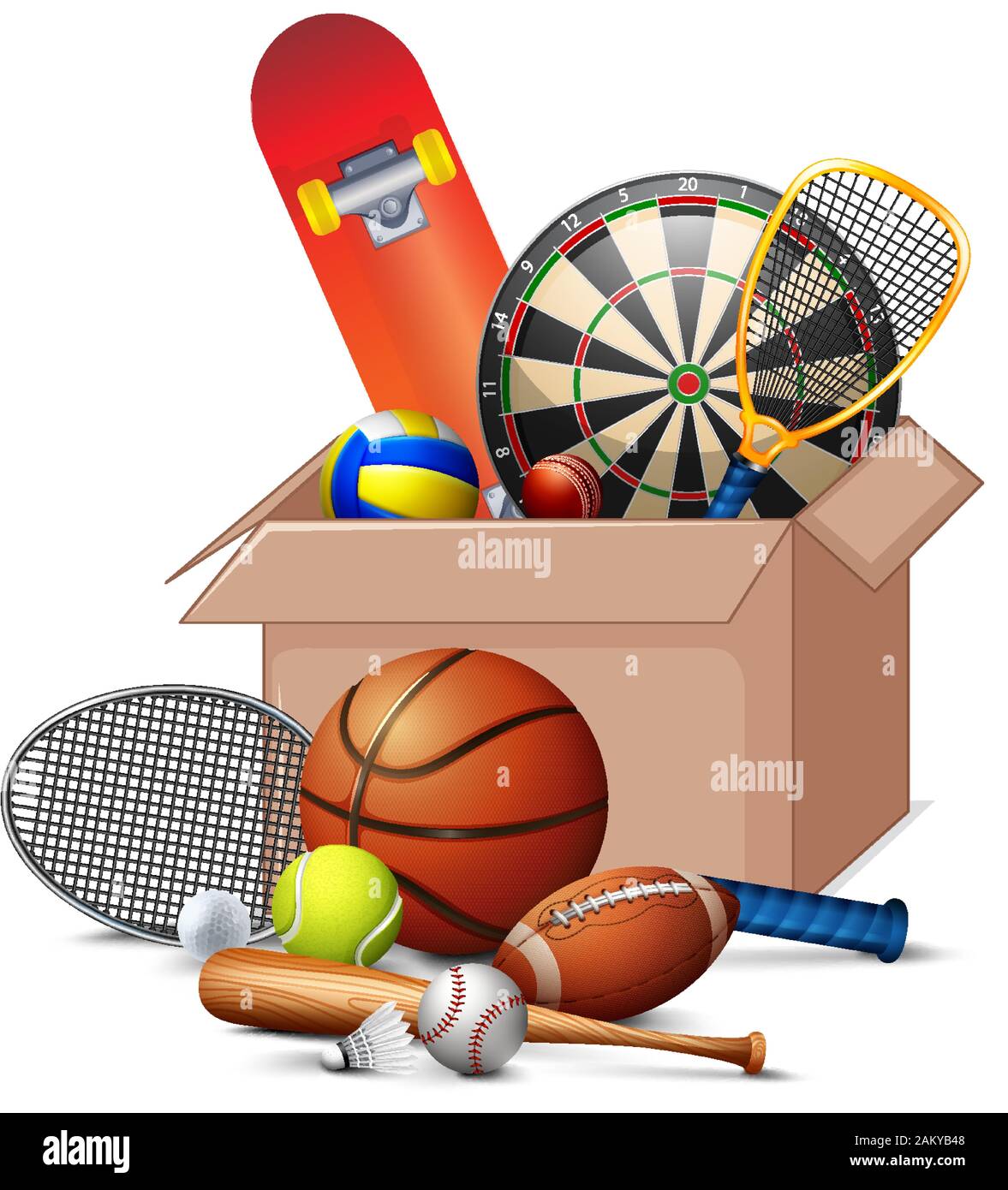 Cardboard box full of sport equipments on white background illustration ...