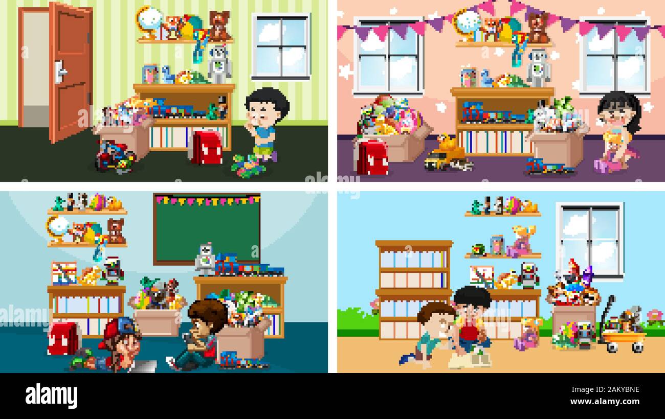 Four scenes with children playing in different rooms illustration Stock ...