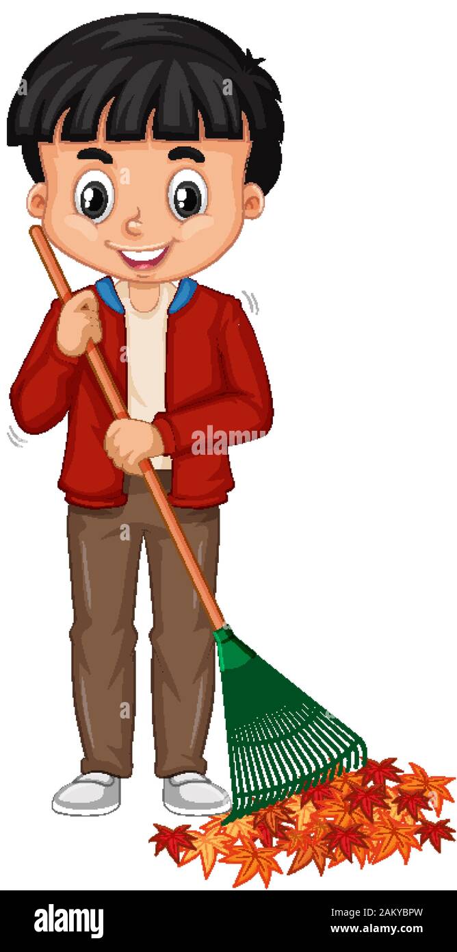 Boy raking leaves on white background illustration Stock Vector Image ...