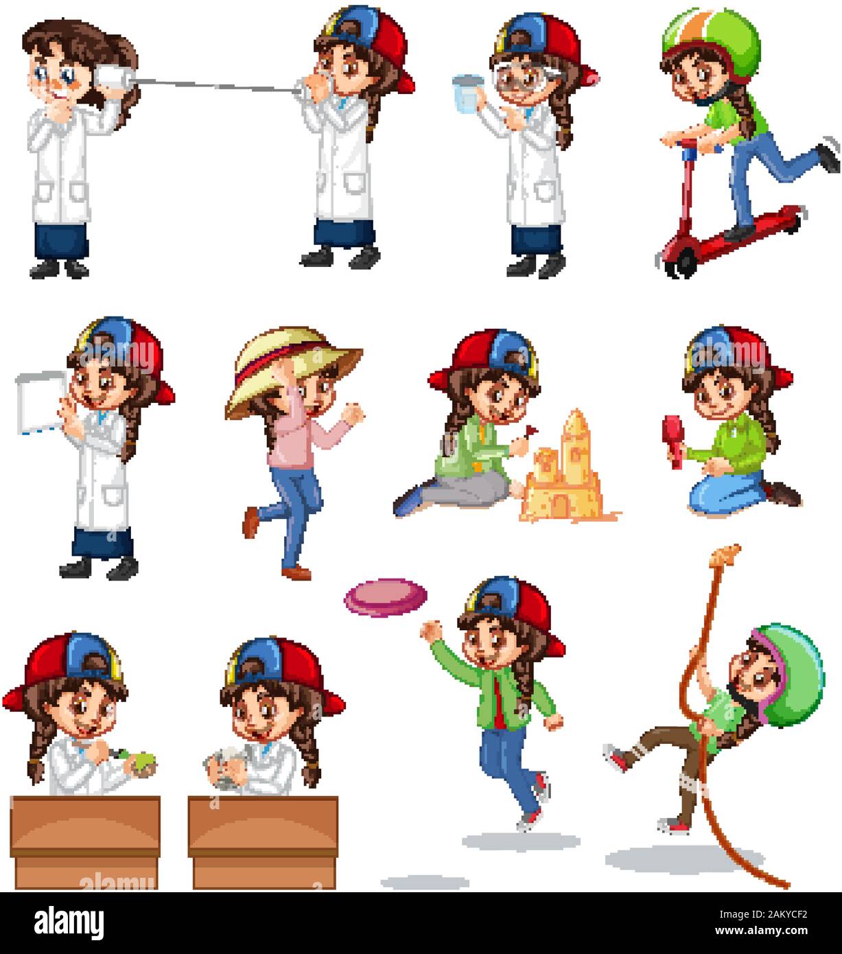 Set of girl doing many activities on white background illustration ...