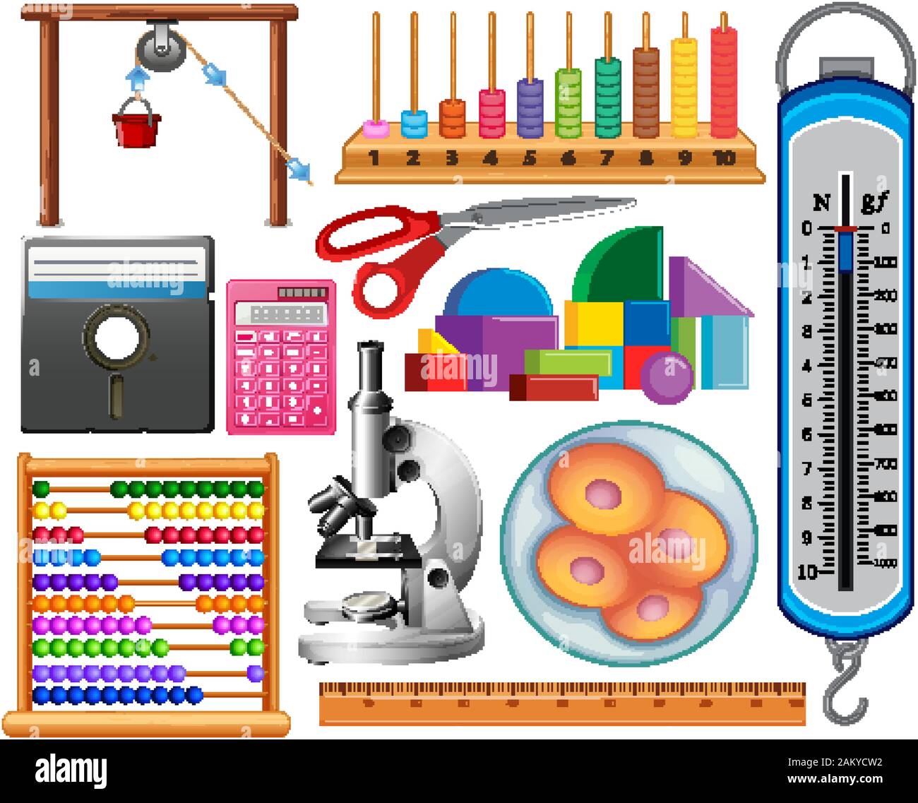Large set of science equipments on white background illustration Stock ...