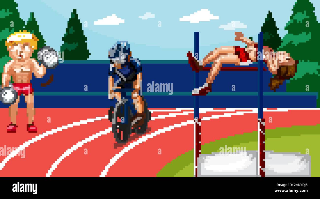 Scene with people doing track and field sports illustration Stock ...